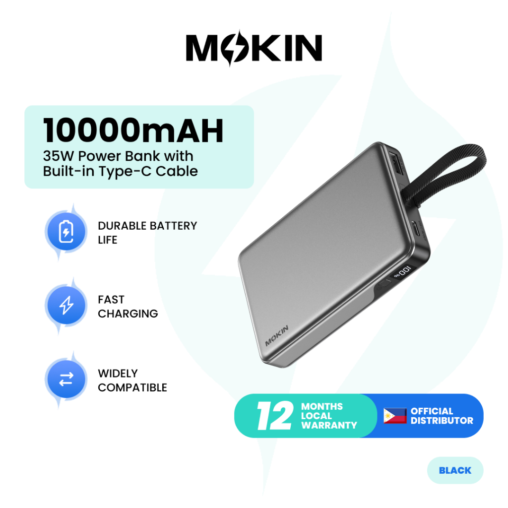 MOKiN Built-in Type-C Cable - 10000mAh Power Bank 35W Black/ Blue/ Gold ...