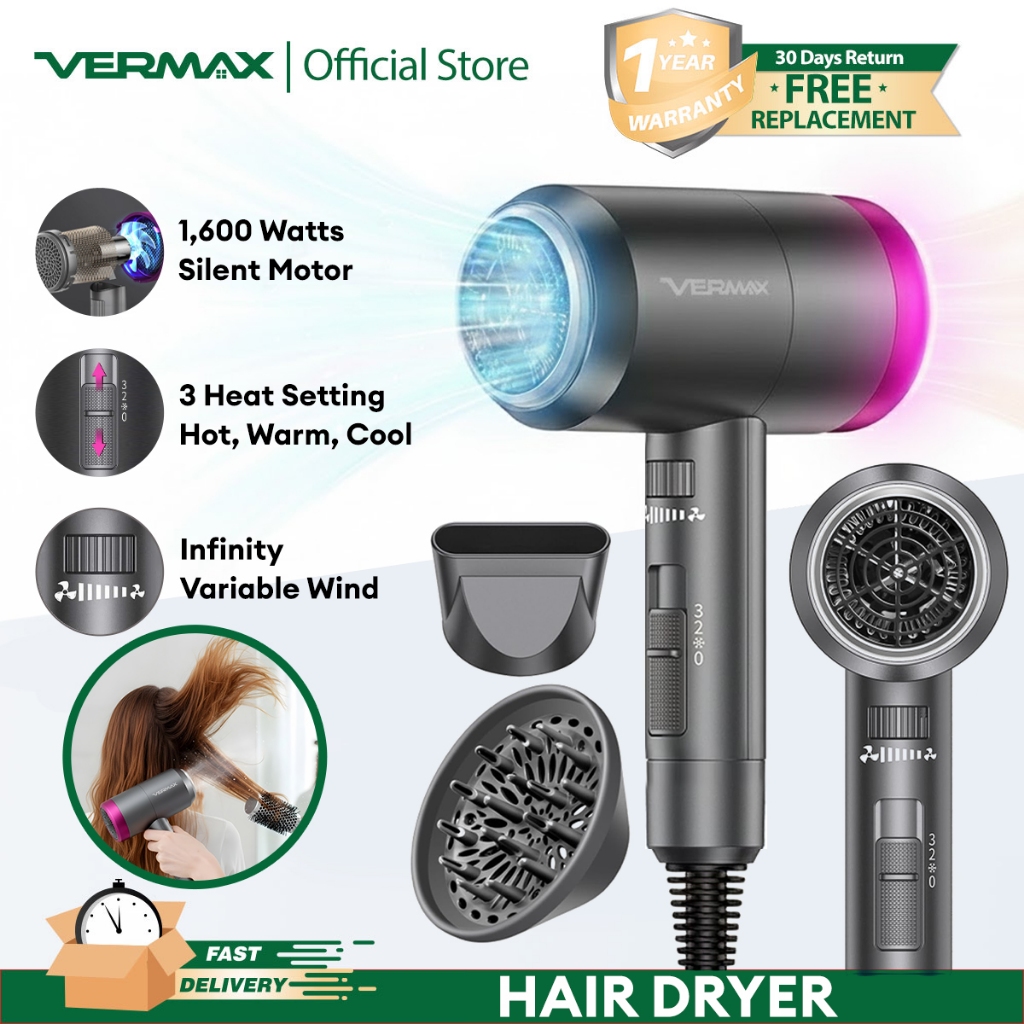 Vermax Ionic Hair Dryer Blower 1600W Portable Quick Dry Hot Cold Air ...