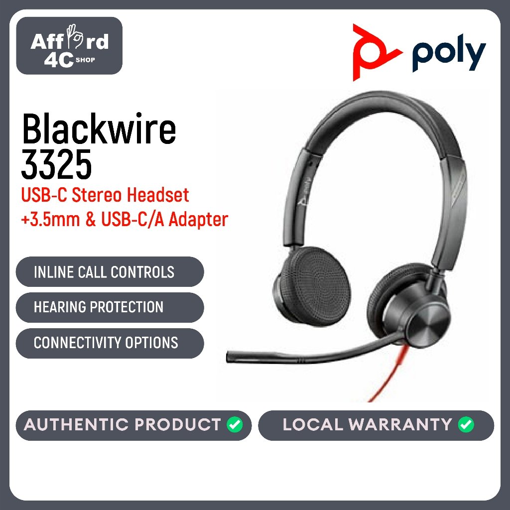 Poly Blackwire 3325 Stereo USB-C Headset +3.5mm Plug +USB-C/A Adapter ...