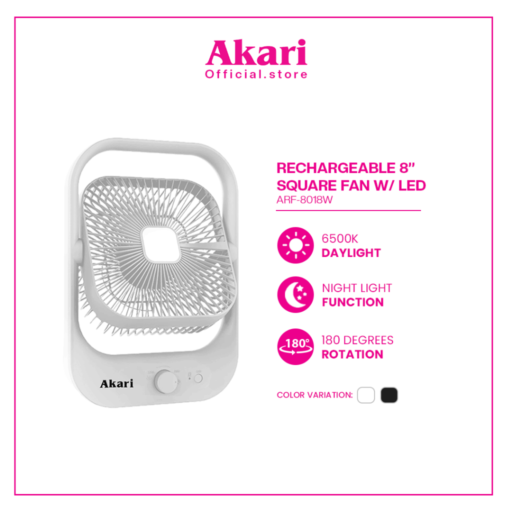 Akari ARF-8018 Rechargeable Square Fan w/ Emergency LED Light 8 ...