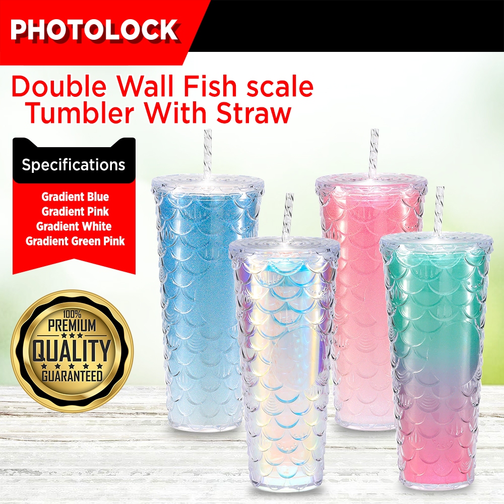 Fish Scale Design Double Wall Tumbler with Straw Durable Reusable Drink ...