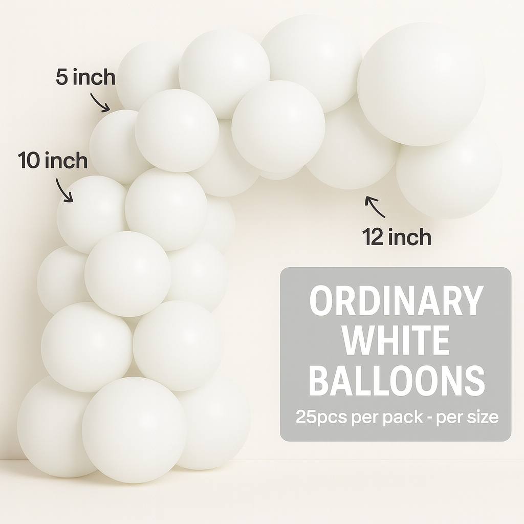WHITE (ORDINARY) Color Balloons – 25pcs Pack | 5", 10", 12" Sizes ...