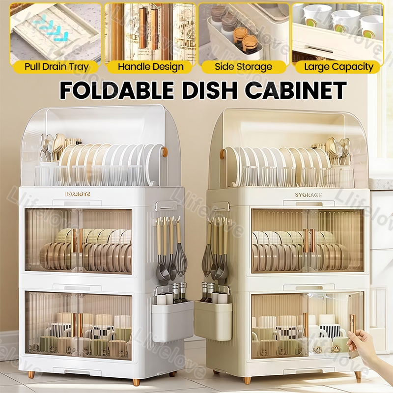 Dish Rack Dish Drain Cabinet Plastic Dish Cabinet With Cover Foldable ...