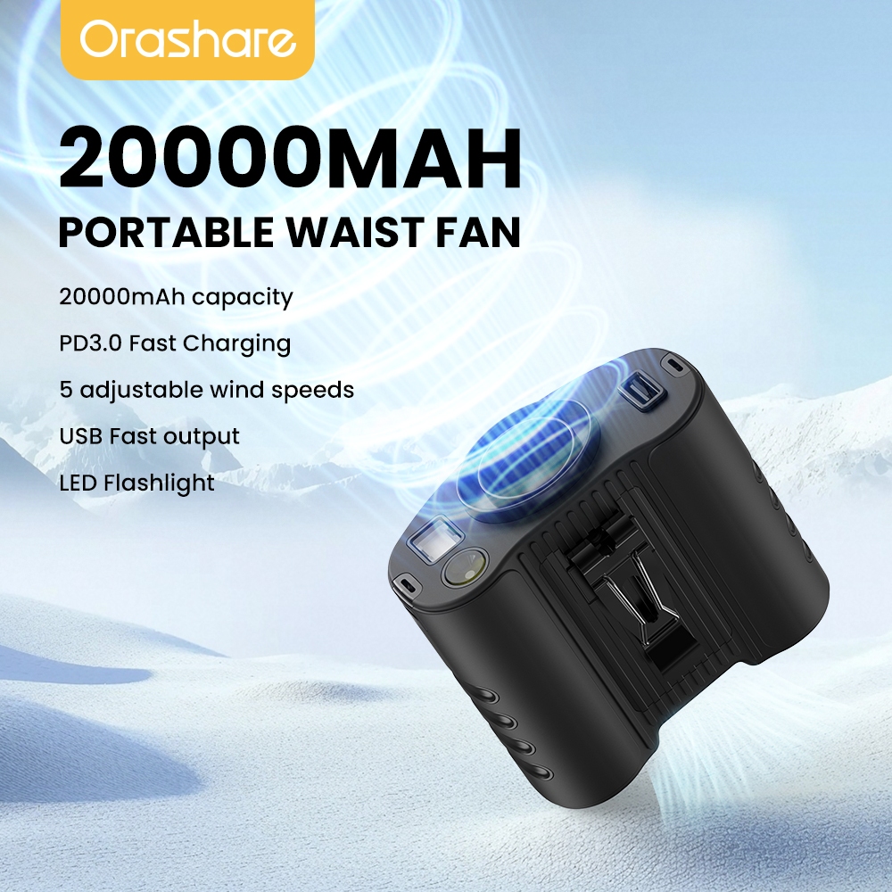 Orashare WF20Pro 20000mAh Waist Fan with Powerbank & Light USB Fast‑Charge 5‑Speed Strong Wind ...