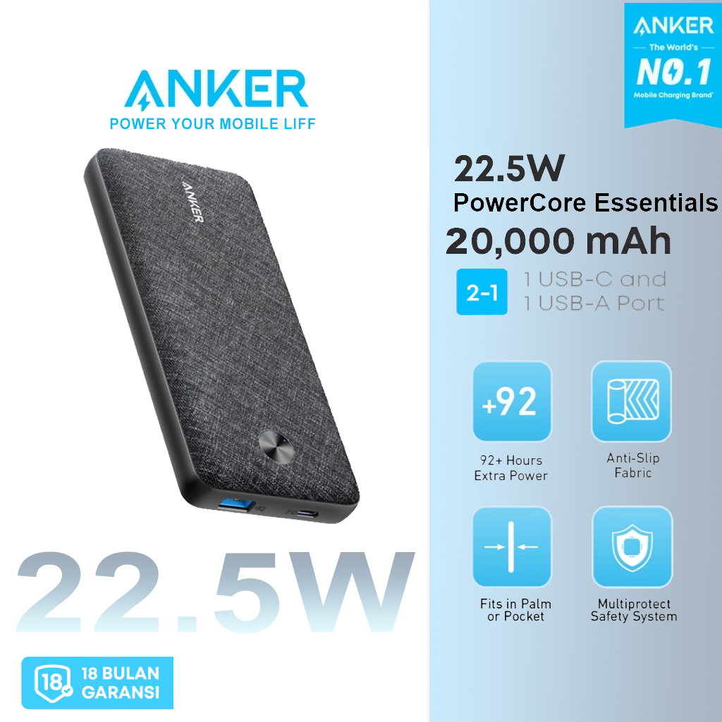 Anker PowerCore Essential 20000mah PD, USB-C Powerbank with 22.5W Power ...