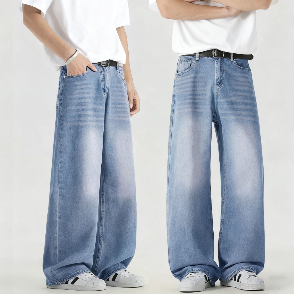 Jeans for men baggy jeans korean casual straight cut pants loose blue ...