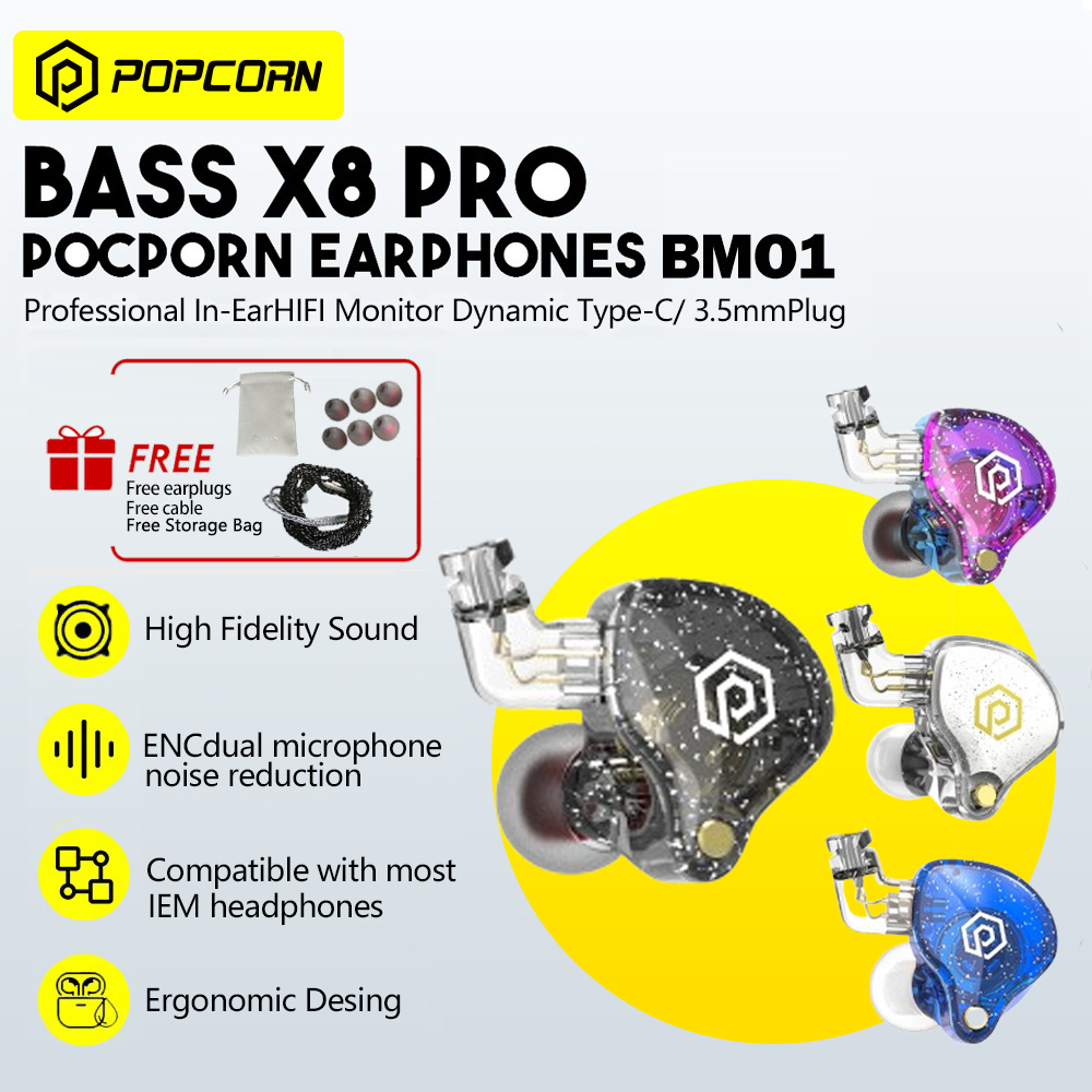 Popcorn Bass X8 Pro Dynamic Earphones Live Stream Hi Fi Bass Earbuds In ...