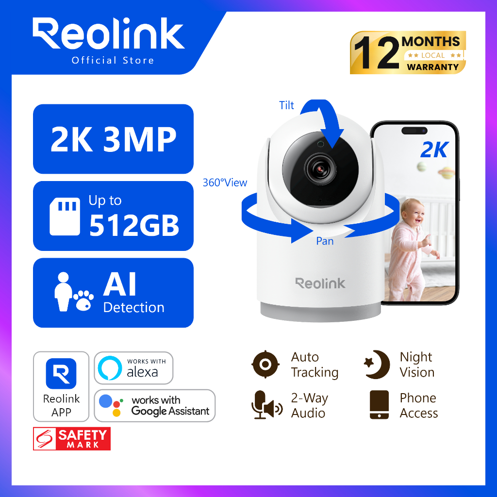 Reolink E321 Smart WiFi PT Indoor Security Camera 2K 3MP Night Vision ...