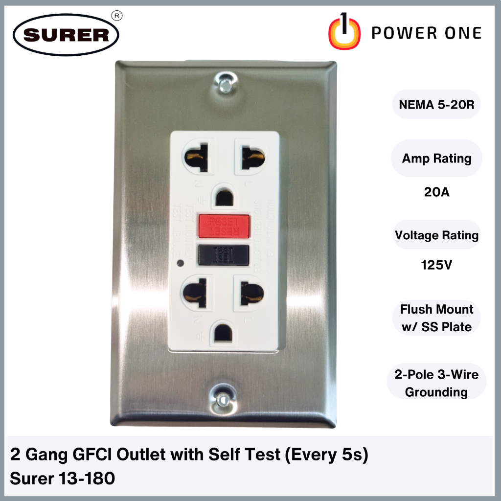 Surer 13-180 NEMA 5-20R GFCI 2-Gang Outlet w/ Self-Test (20A) 2-Pole 3 ...