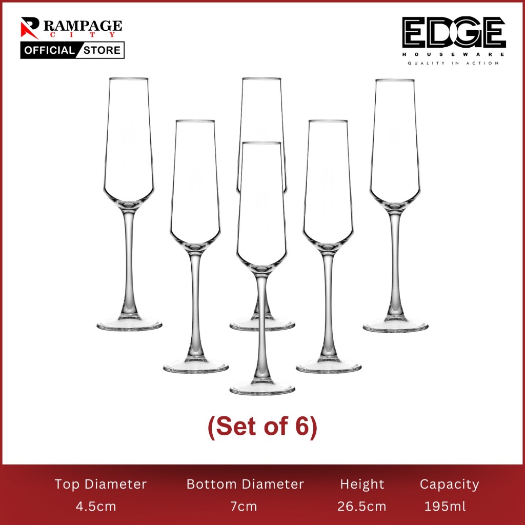 Edge Champaigne Flute Glass,Set of 6 195mL,Stylish Design, Versatile ...