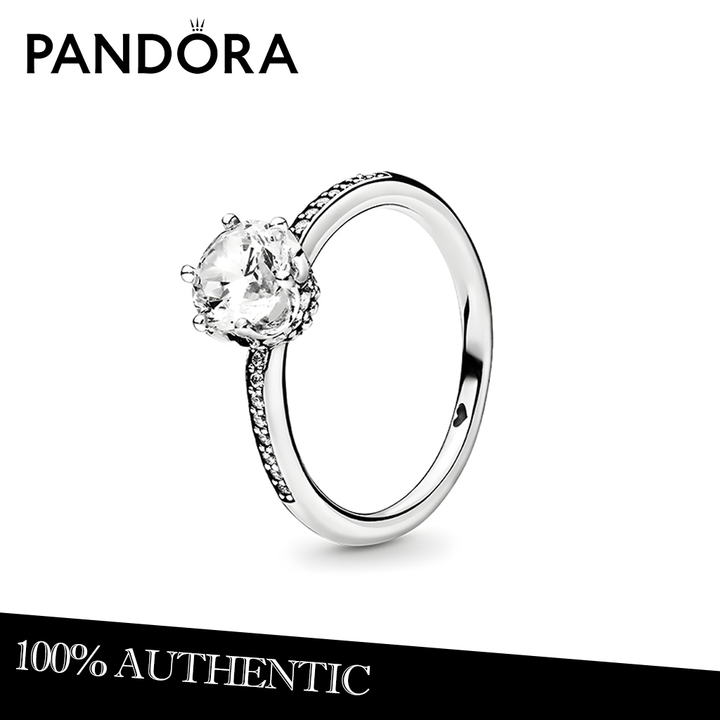 Pandora Transparent Shining Crown Single Stone Ring 925 Silver Couple's ...