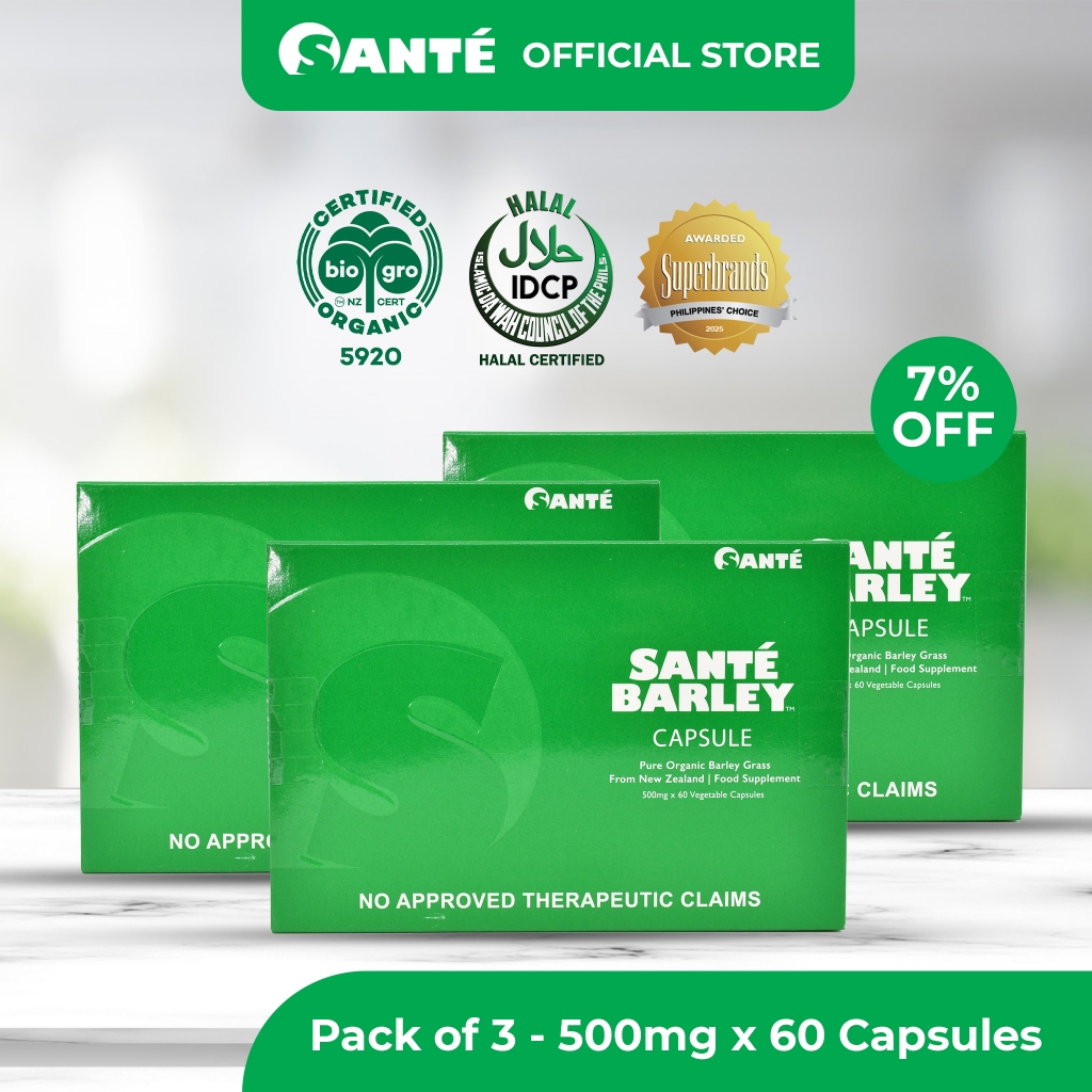 Santé Barley Capsules 500mg x 60s (Pack of 3) Pure Organic Barley Grass ...