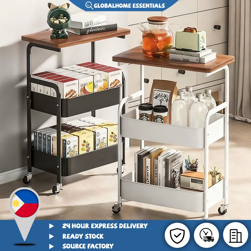 3-layer Mobile Wooden Trolley Trolley Shelves Household Movable Snack ...