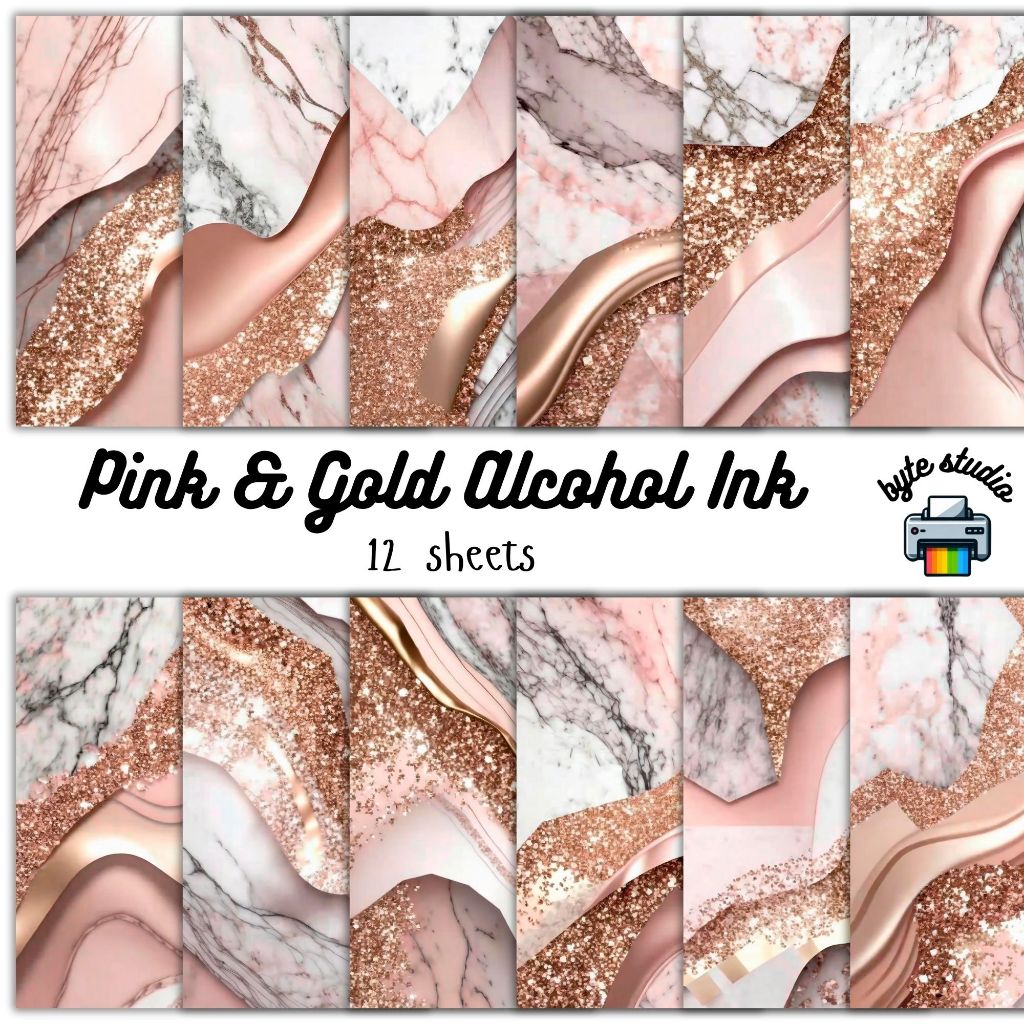 12 Sheets Pink & Gold Alcohol Ink | byte studio | Cardstock Craft Paper Journal Stationery ...