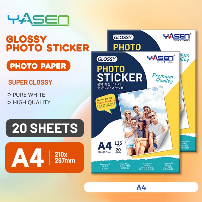 Yasen A4 Self-Adhesive Photo Paper Sticker - Glossy 90/135gsm 20 Sheets ...