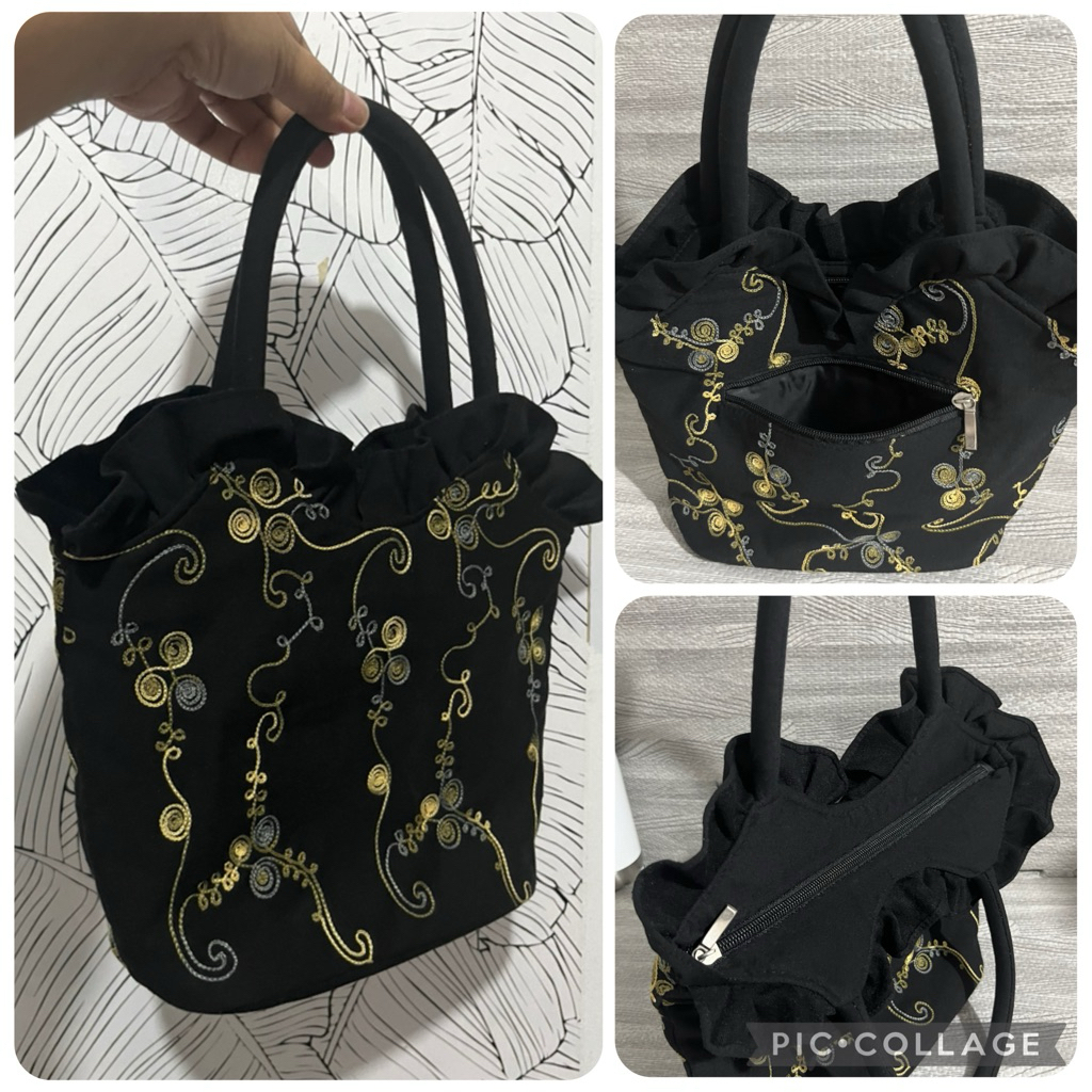 Vintage-Style Black Handbag with ruffles and floral embroidery designs ...