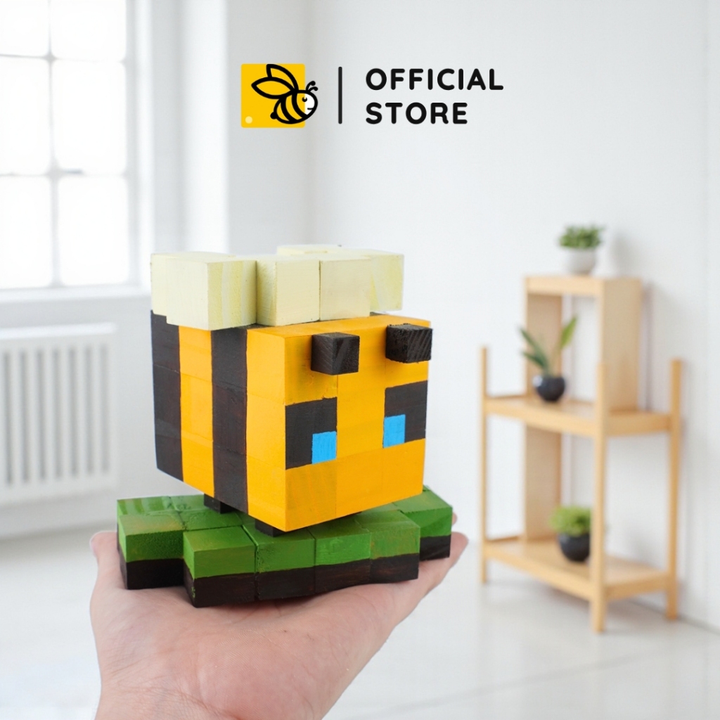 Minecraft Bee Figurine - Handmade, Wooden Pixelated, Pre-painted, 8-Bit ...