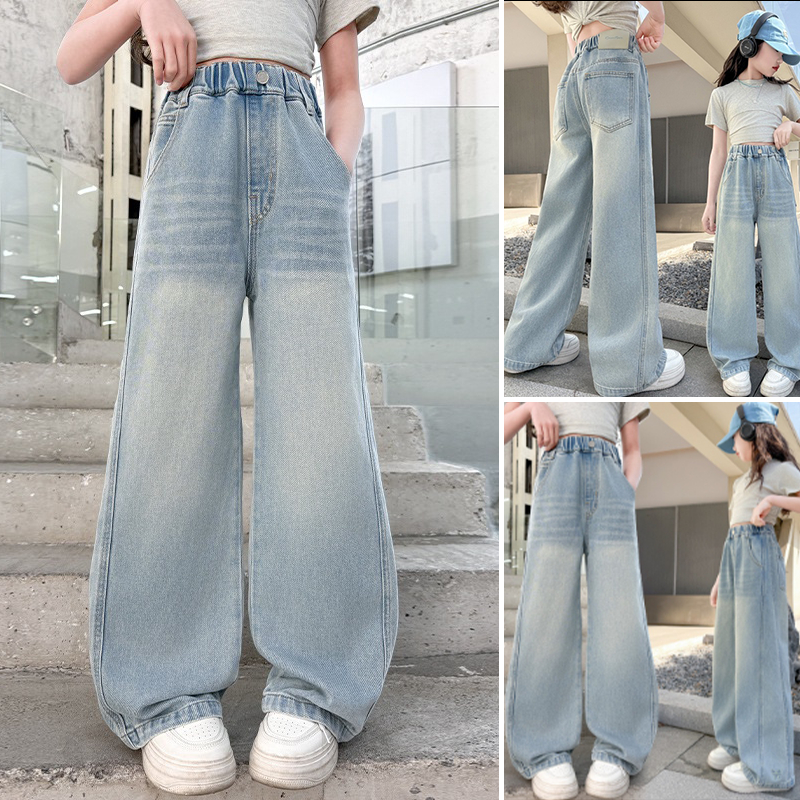 Cargo Maong Pants for Kids Girls with 6 Pockets Baggy Wide Leg Jeans ...