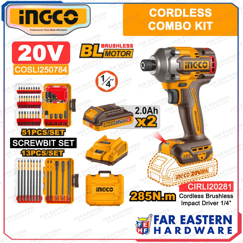 INGCO COMBO KIT Cordless Brushless Impact Driver 1/4" 20V + Screw Bit ...