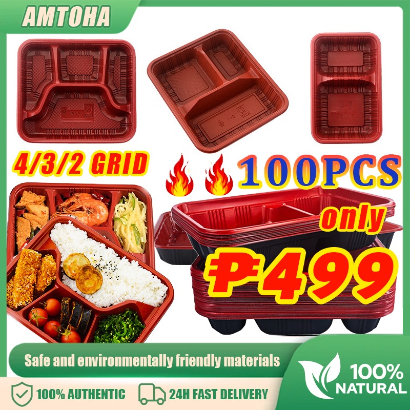 100PCS 2/3/4 Grid Disposable Red Bento Box with Lid High-Quality ...