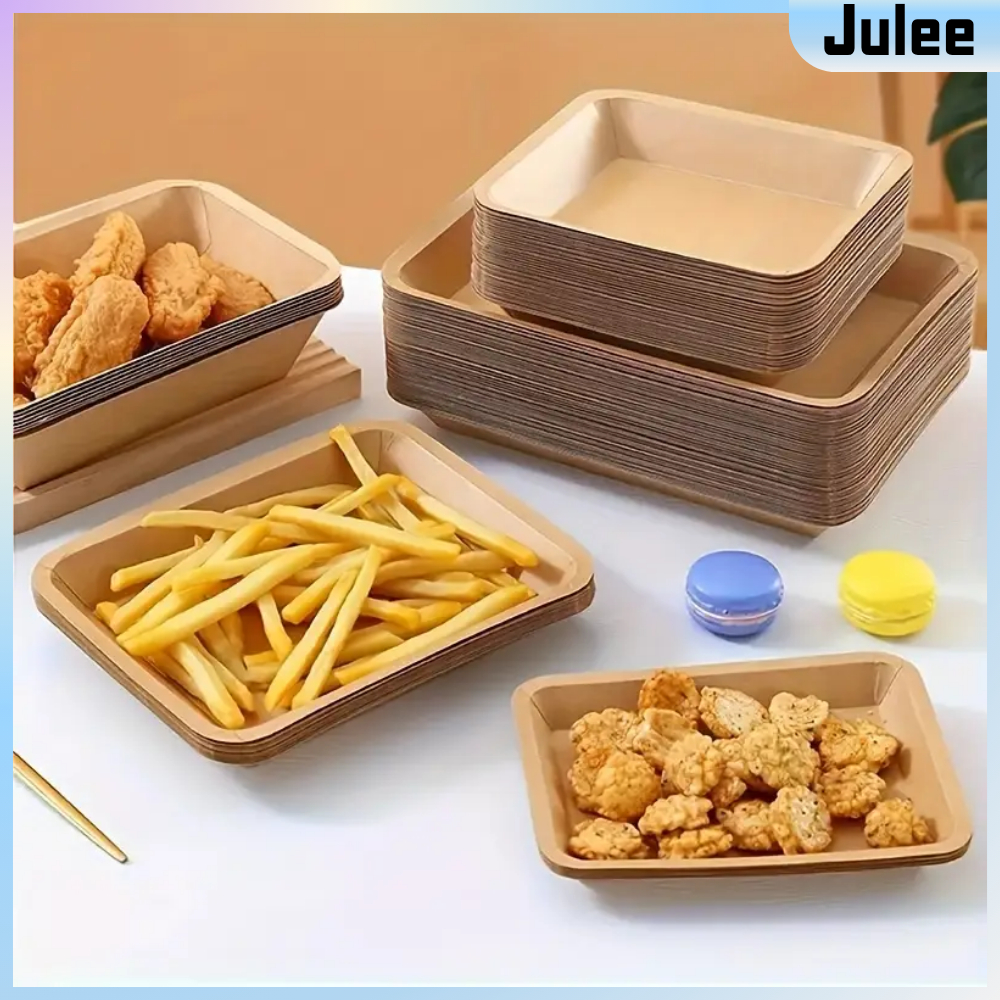 50pcs Disposable Paper Tray Rectangle Kraft Paper Food Plate BBQ Food ...