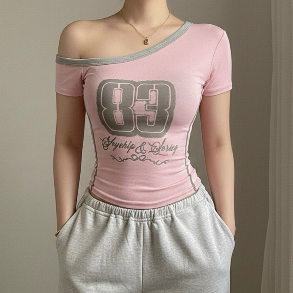 Y2K 83 Combi Raglan One Side Off Shoulder Semi Cropped Top For Women ...