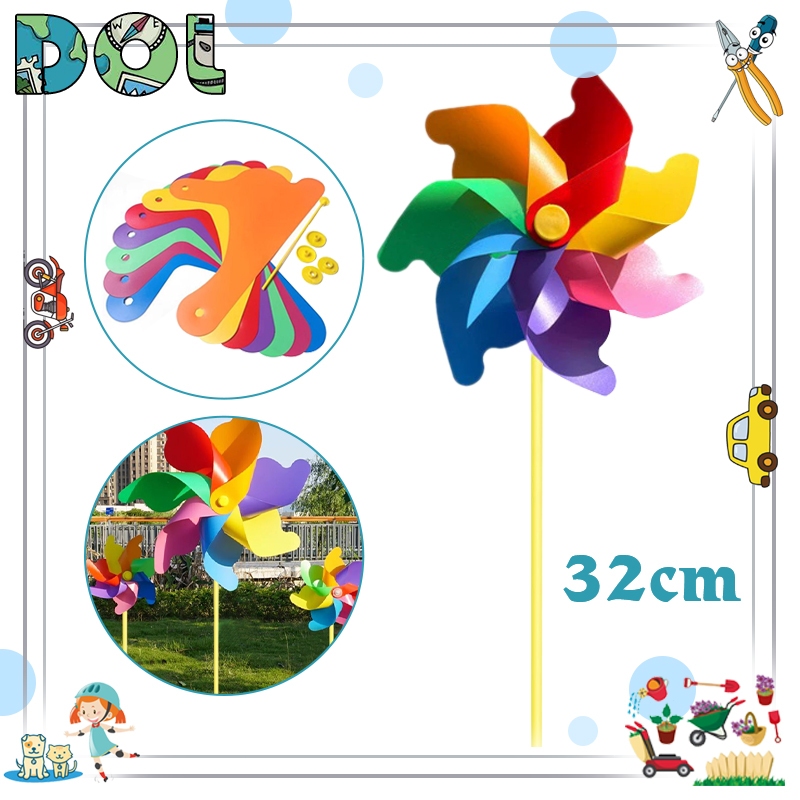 32CM Windmill Toy Seven-Leaf Rainbow Windmill Holding Wooden Pole Color ...