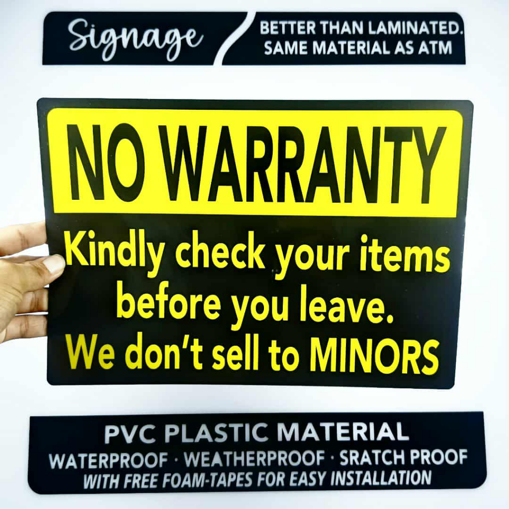 SIGNAGE - NO WARRANTY - KINDLY CHECK YOUR ITEMS BEFORE YOU LEAVE - PVC ...