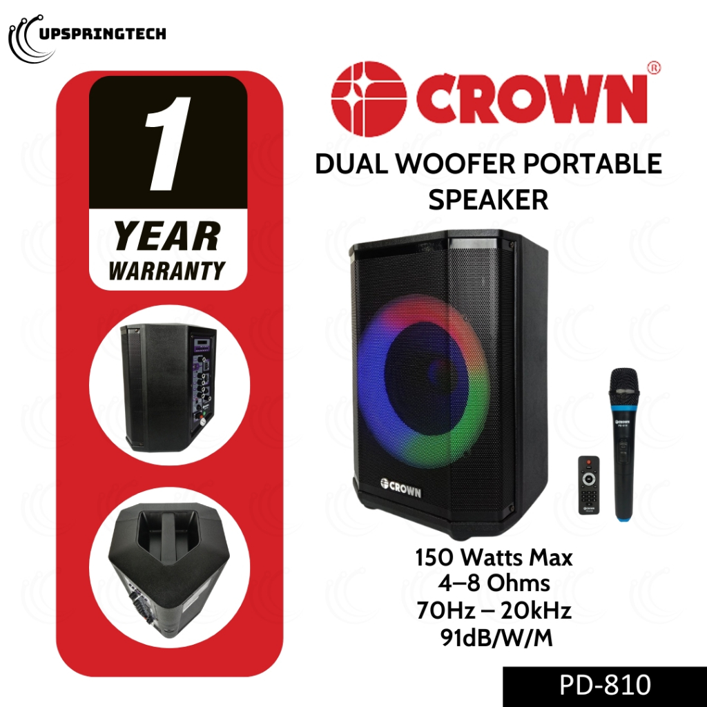 Crown PD-810 8” Dual Woofer Portable Speaker (150W) | Wireless Mic ...