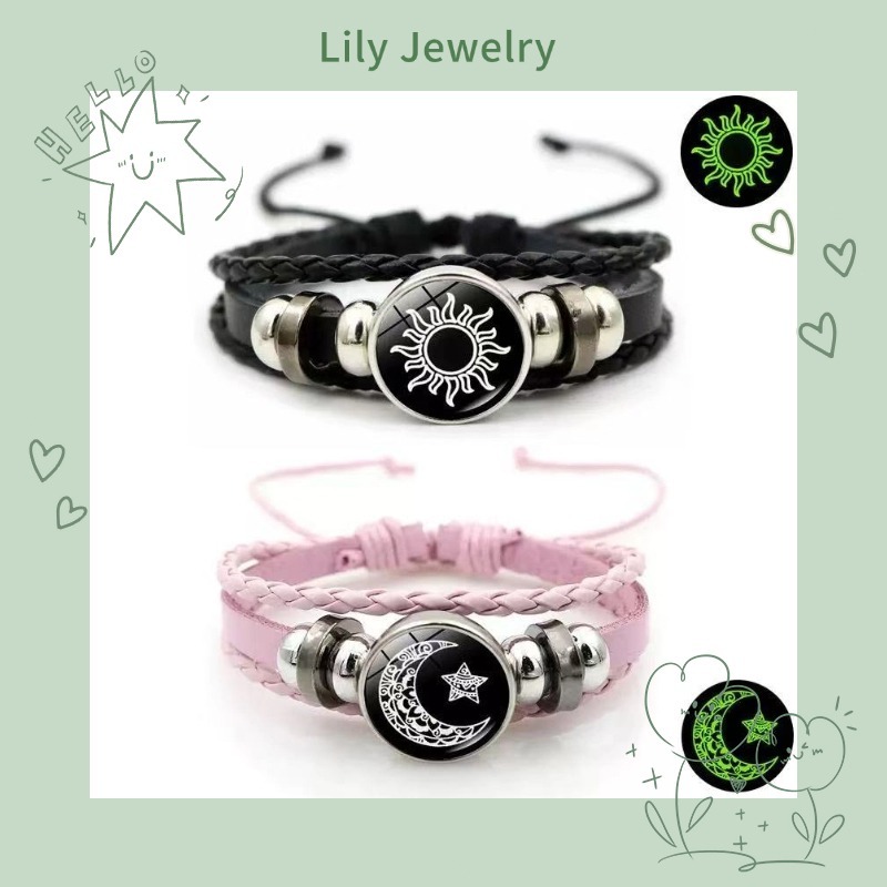 2pcs Hand-woven Luminous Sun Moon Bracelet Fashion Multi-Layer Leather ...