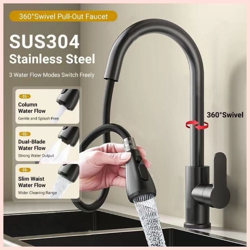 Single Handle SUS304 Stainless Steel Pull Out Kitchen Faucet, 360 ...