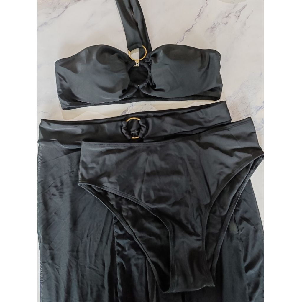 Plus Size 0XL 3in1 Black One Shoulder Ring Linked Top and Bottom with ...