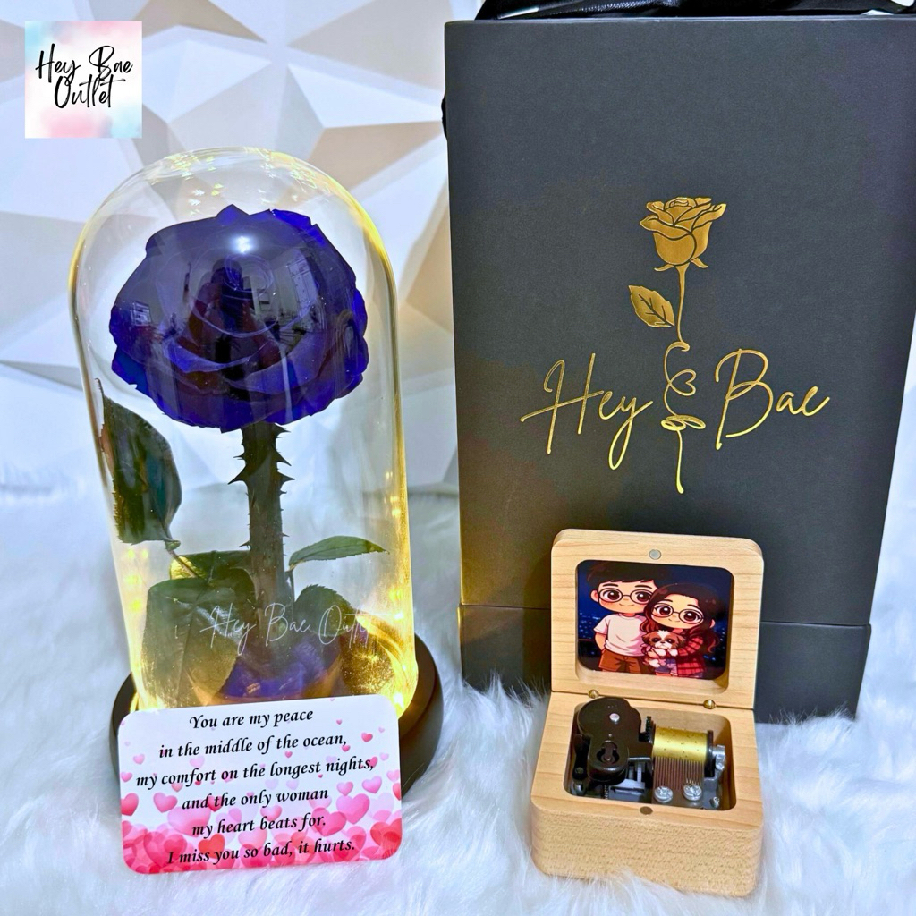 DARK BLUE GRADED A PRESERVED ECUADORIAN REAL ROSE W/ PERSONALIZED PHOTO ...