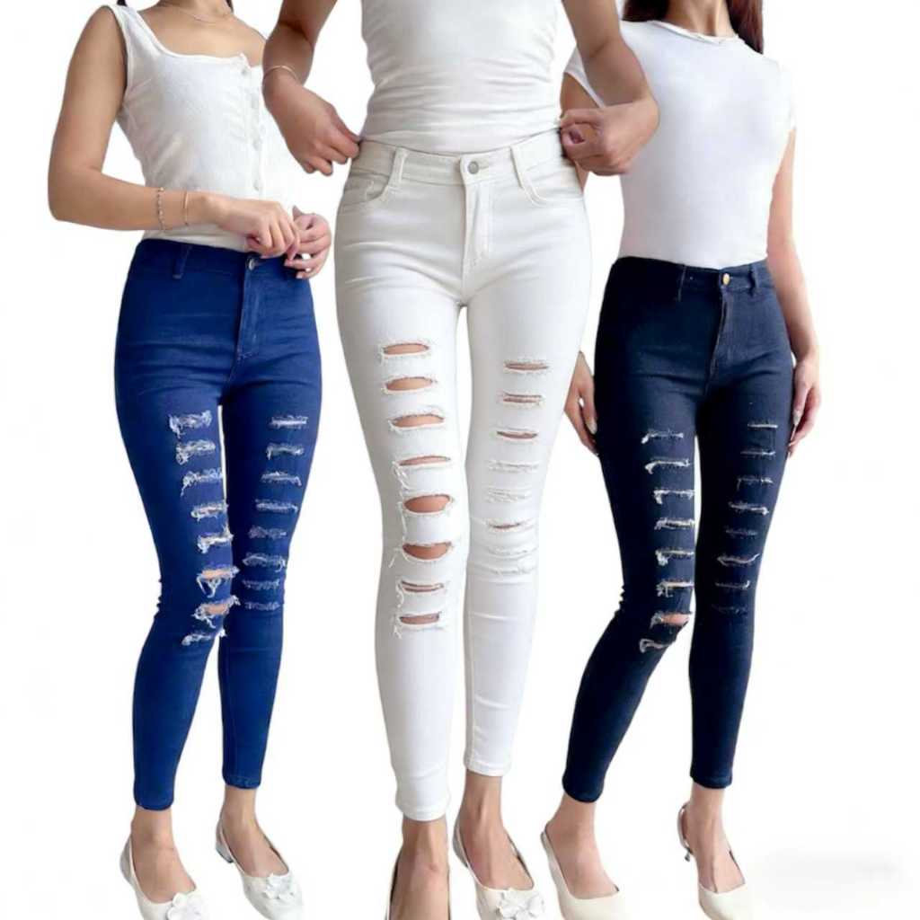 Joni Jeans Knee Cut High Waist skinny pants plain black # 3137 | Shopee ...