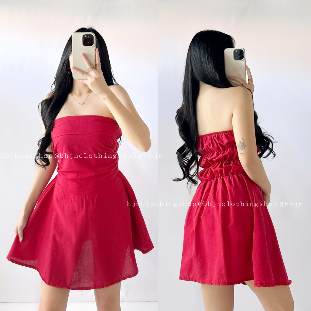 BHJN VIXIE TUBE FOLDED RUCHED SIDE SMOCKING BACK MINI LINEN DRESS ...