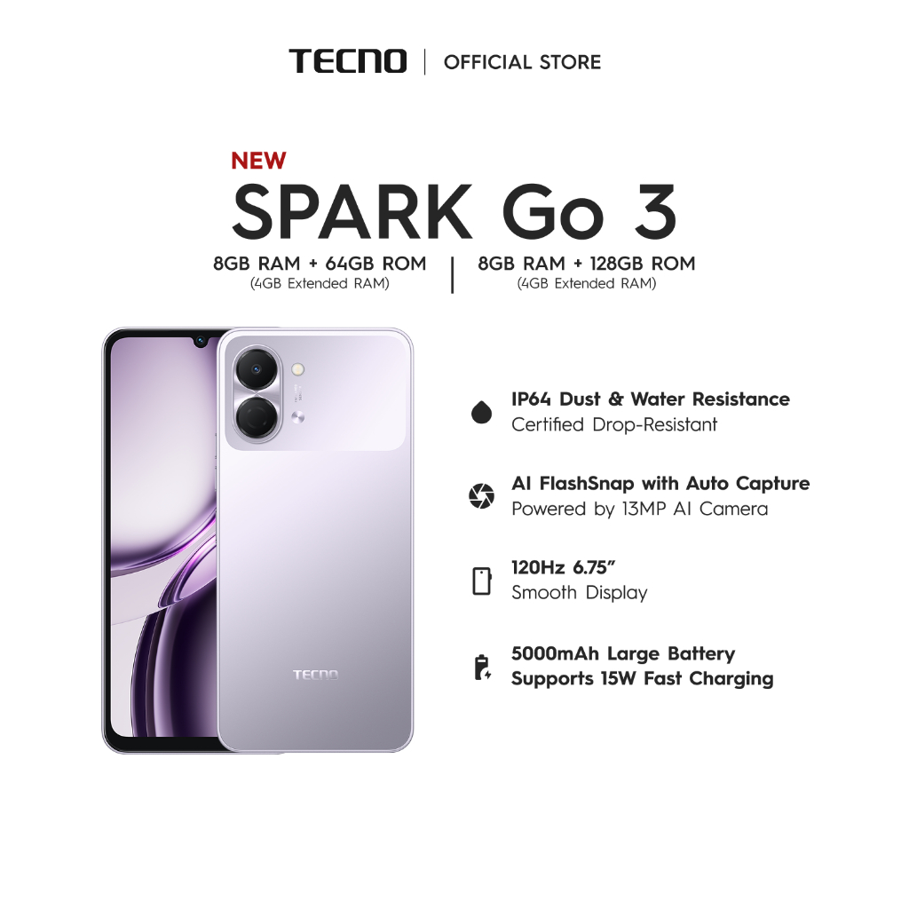 [NEW] TECNO SPARK GO 3 64/128 | Unisoc T7250 | 13MP+AI FlashSnap ...