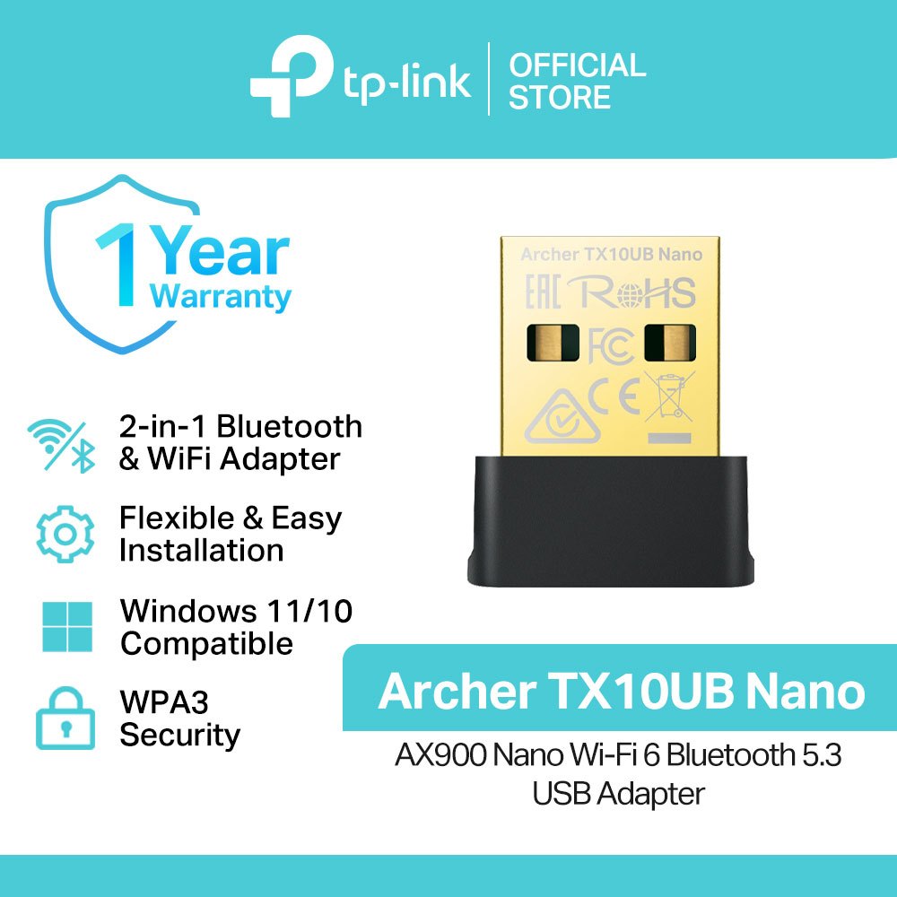 TP-Link | Archer TX10UB Nano | AX900 | Nano | Wi-Fi 6 | USB | Wi-Fi Bluetooth Adapter | Dual ...