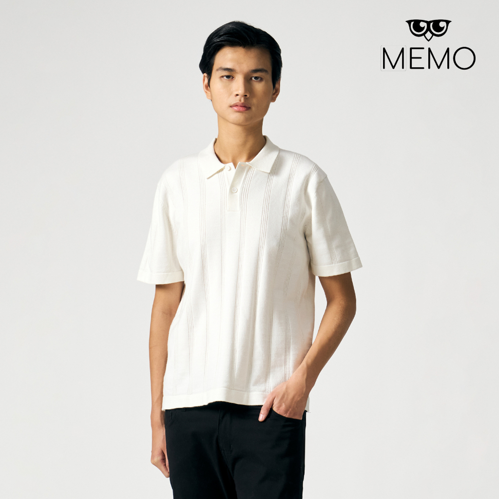 Memo Textured Flat Knit Polo For Men (White) | Shopee Philippines