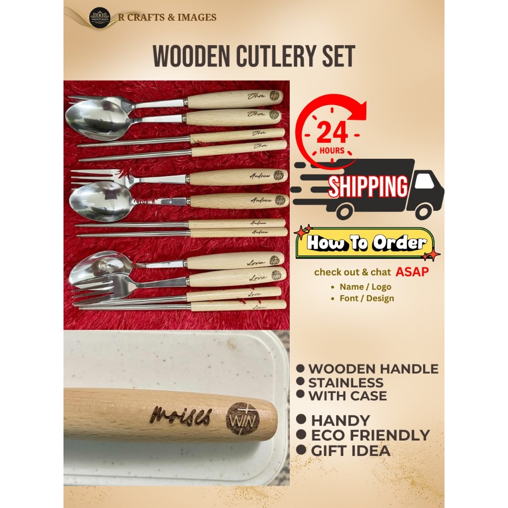 PERSONALIZED Wooden Cutlery Set with Case / Spoon, Fork and Chopsticks ...
