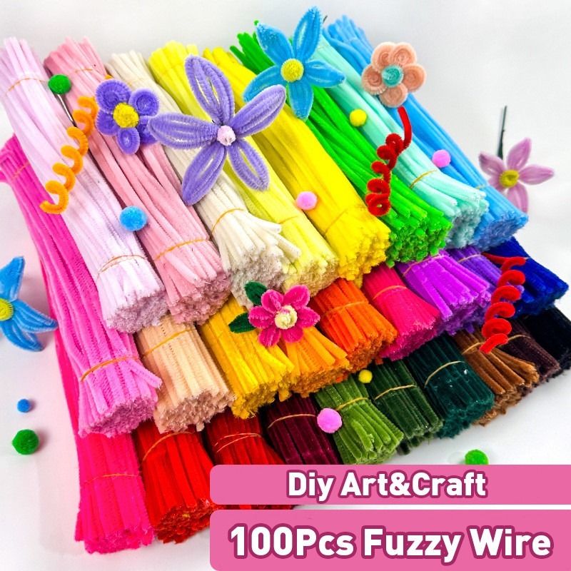 100 Pcs Fuzzy Wire Chenille Handicraft Material Packaging Plush Tube ...