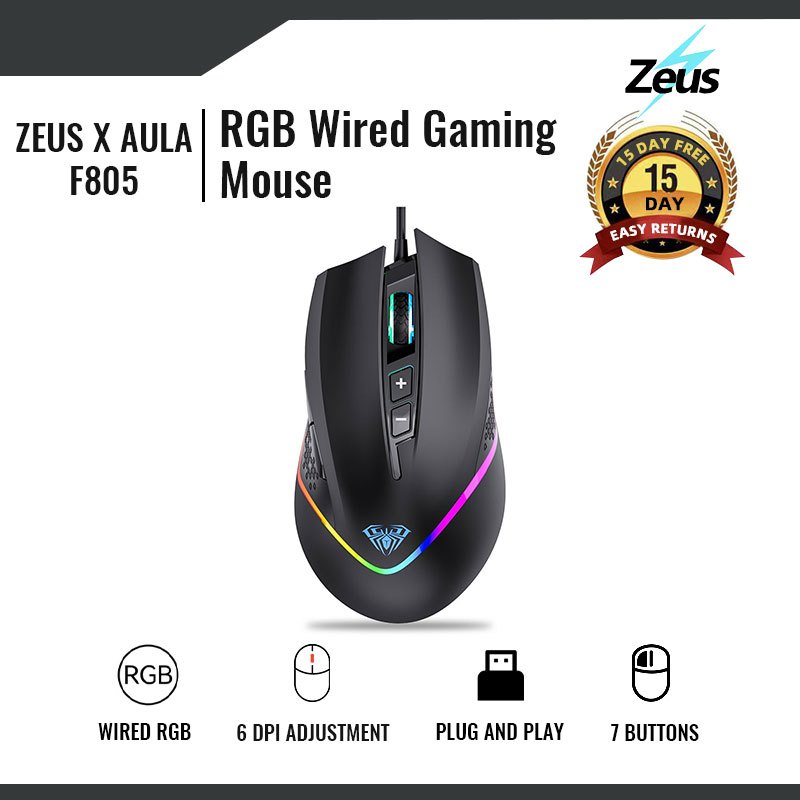 Zeus x Aula F805 Gaming Mouse RGB Colorful Lighting 6 Gear DPI, 7 ...