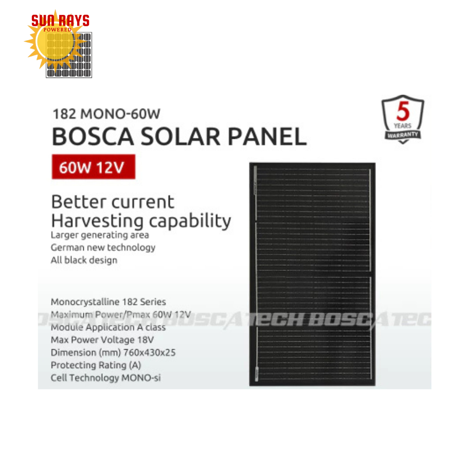 Bosca Solar Panel 12V 60W Monocrystalline 182 Cells 10 Busbar | Shopee ...