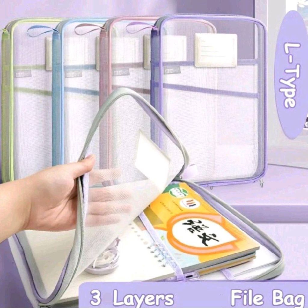 A4 3 Layers File Bag Paper Storage Organizer Double Zipper Pouch File ...