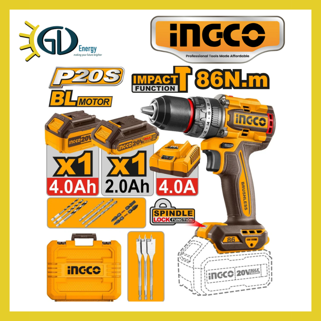 Ingco Brushless Cordless Impact Drill 20V 86Nm 4AH battery CIDLI20868 ...