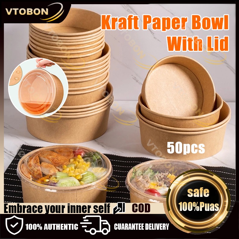 50pcs Kraft Paper Bowl with Lid Round Disposable Salad Bowl with Cover ...