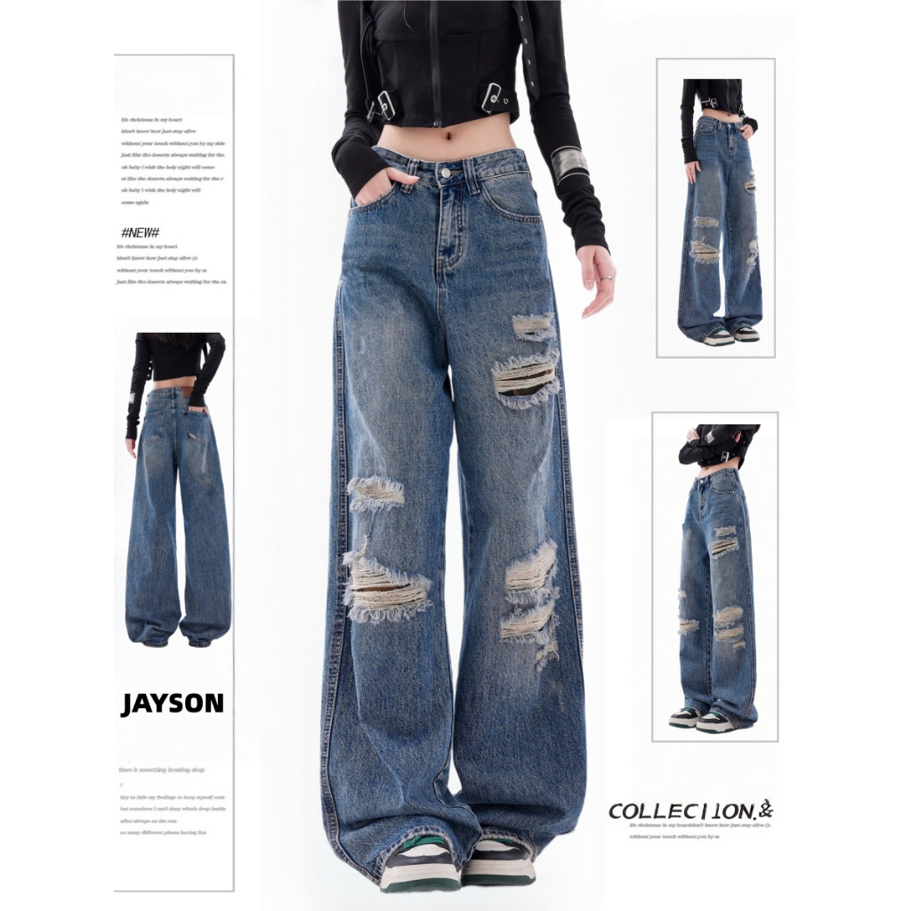 Korean Ripped style loose Maong Pants with high waist wide legs ...