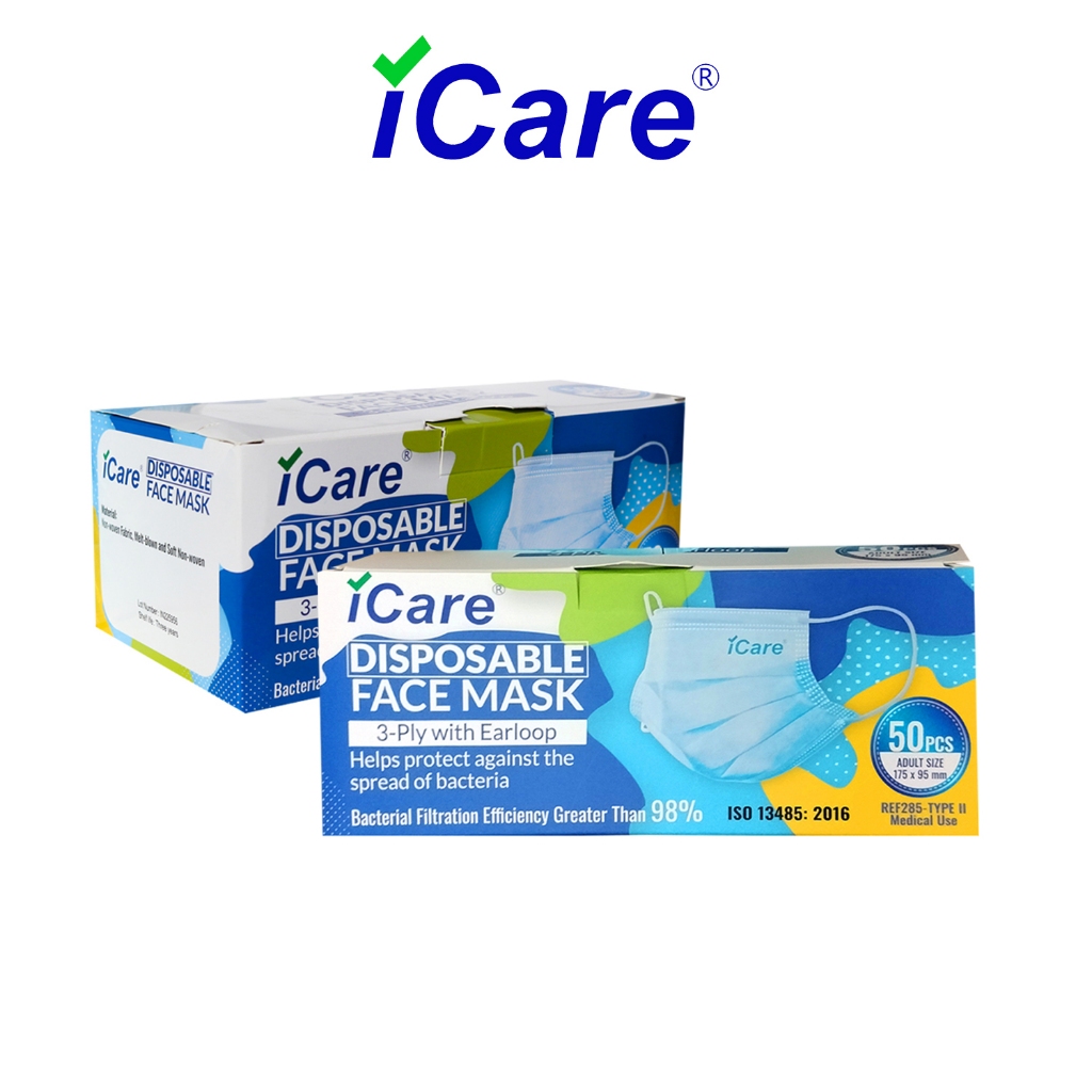 iCare®2 Boxes(100pcs) REF285 Disposable Face Mask ( Type II For Medical ...