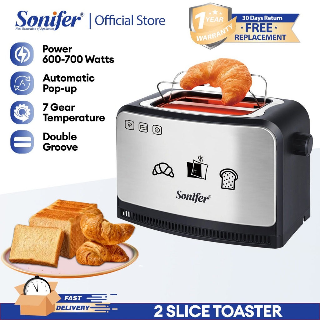 Sonifer Pop Up Bread Toaster 2 Sliced Stainless Breakfast bread baking ...