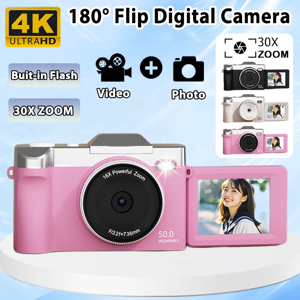 Digital Camera 5K HD 180° Side Flip Screen Selfie Built-in Flash 30X ...