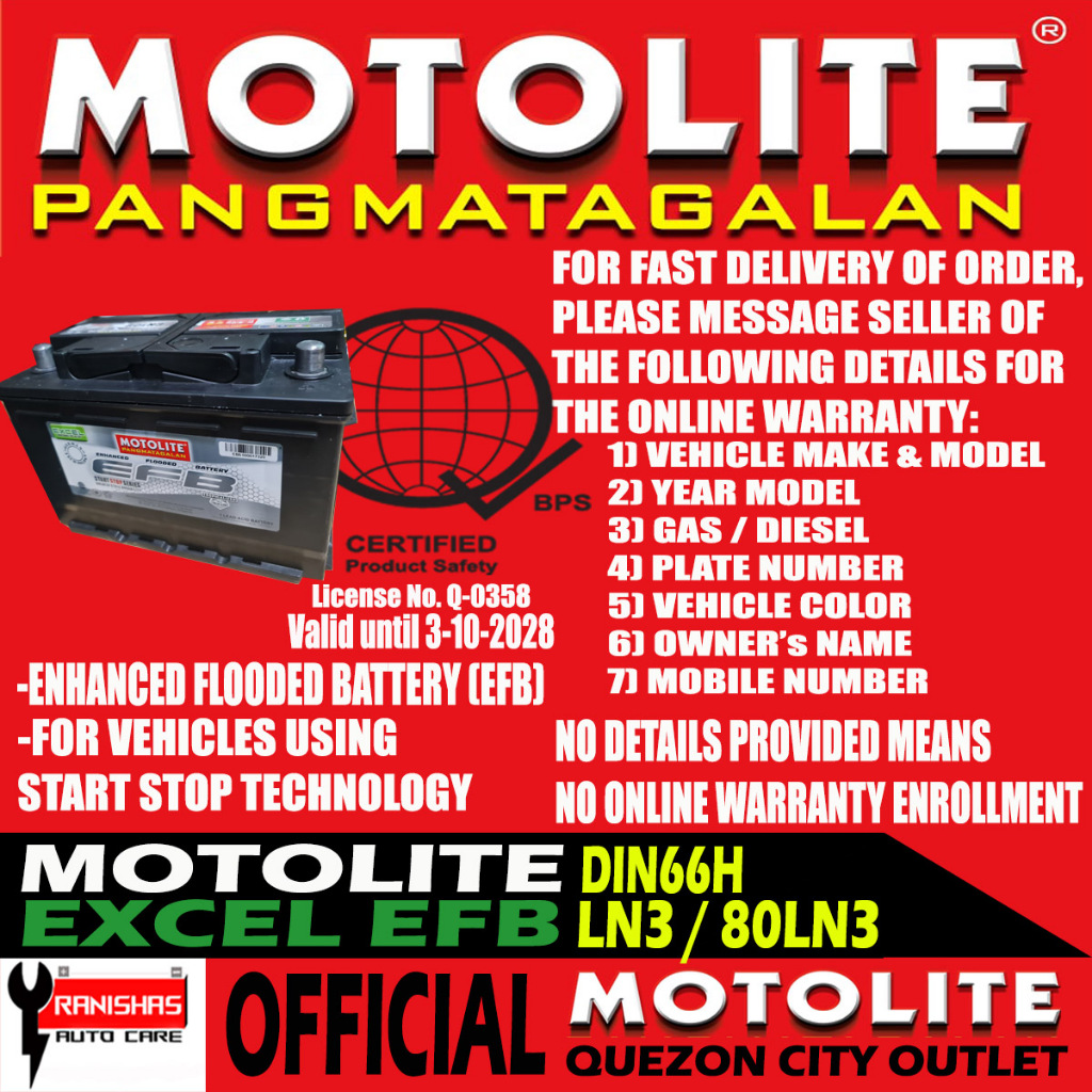 MOTOLITE EXCEL EFB DIN66H START STOP TECHNOLOGY CAR BATTERY DIN66H ...